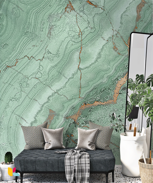 Papier Peint Effet Marbre Vert et Cuivré